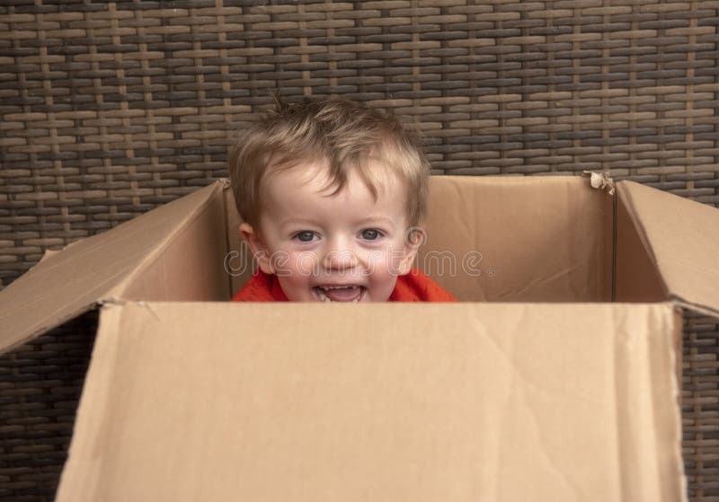 Beautiful Young Boy Playing in a Cardboard Box Stock Image - Image of ...