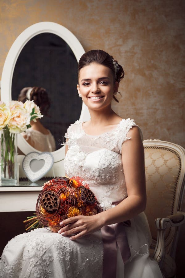 Beautiful Young Bride Sitting Near Mirror Stock Photo - Image of ...