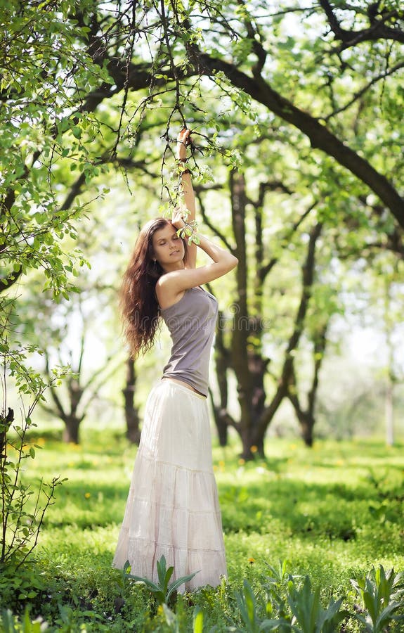 Beautiful Young Brunette Enjoying Spring Stock Image - Image of green ...