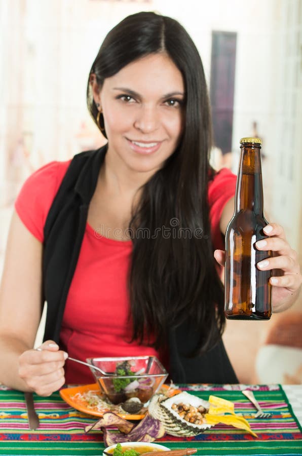 Beautiful Young Brunette Girl Enjoying A Seafood Stock Image Image Of Ethnic Ecuadorian 63971589