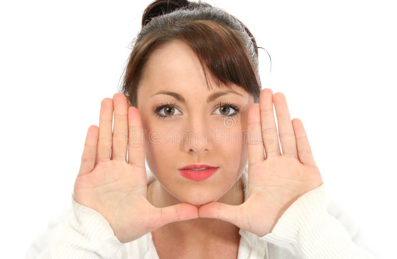 Beautiful Young Brunette with Hands Near Face Stock Image - Image of ...