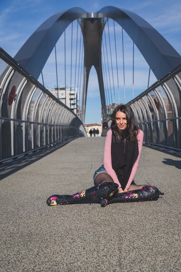 Beautiful Young Brunette Posing on a Bridge Stock Image - Image of ...