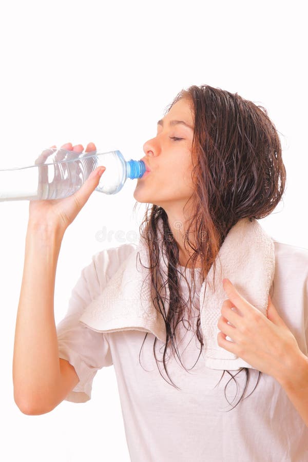 Beautiful Young Brunette Woman Drinking Water Stock Image - Image of ...