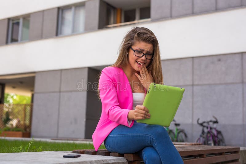 Beautiful Young Businesswoman Reading E-mail on Tablet. Stock Photo ...