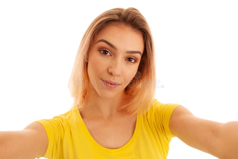Beautiful Young Caucasian Woman Taking Selfie Photo Isolated Over White