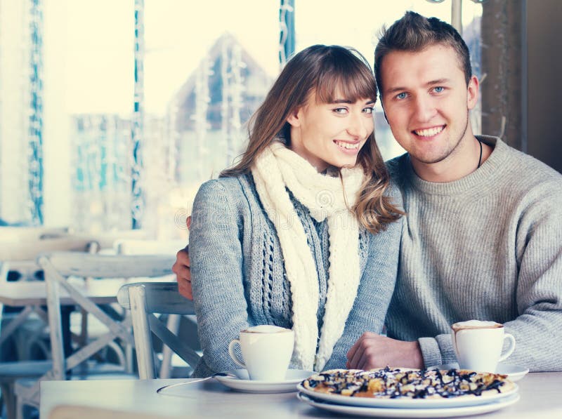 Beautiful Young Couple in Love in Cafe Stock Photo - Image of autumn ...
