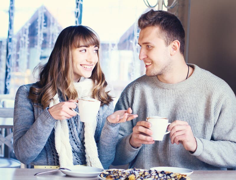 Beautiful Young Couple in Love in Cafe Stock Image - Image of adult ...