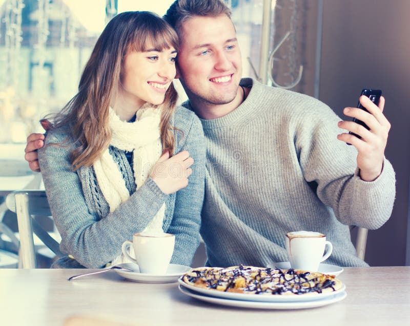 Beautiful Young Couple in Love in Cafe Stock Image - Image of female ...