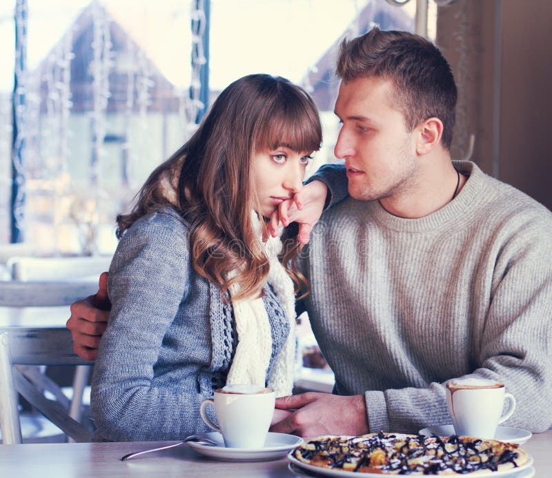 Beautiful Young Couple in Love in Cafe Stock Photo - Image of drink ...