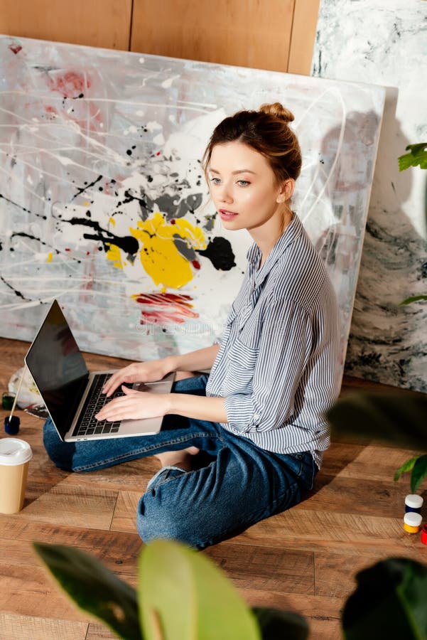 Beautiful Young Female Artist Using Laptop with Blank Screen Stock ...