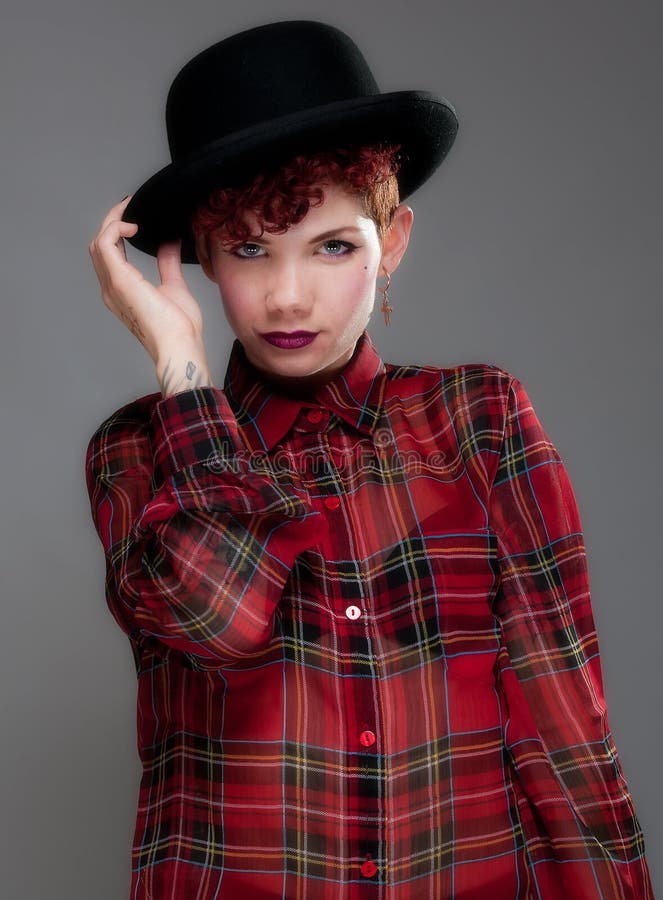 Beautiful Young Female in Bowler Hat and Shirt Stock Image - Image of ...