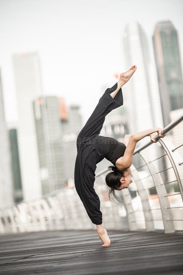 Beautiful Young Girl Dancing on a Bridge Stock Photo - Image of city ...