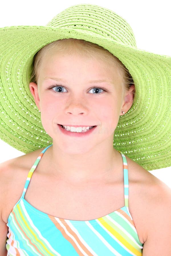 Beautiful Young Girl in Green Beach Hat Stock Photo - Image of kids ...