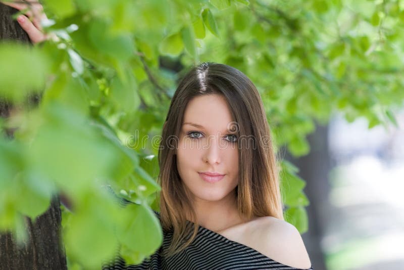 Beautiful Young Girl Near Tree Stock Image - Image of leisure, hair ...