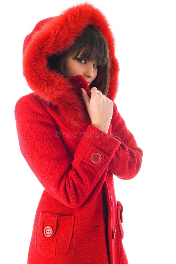 The Beautiful Young Girl in a Red Coat Stock Photo - Image of lying ...
