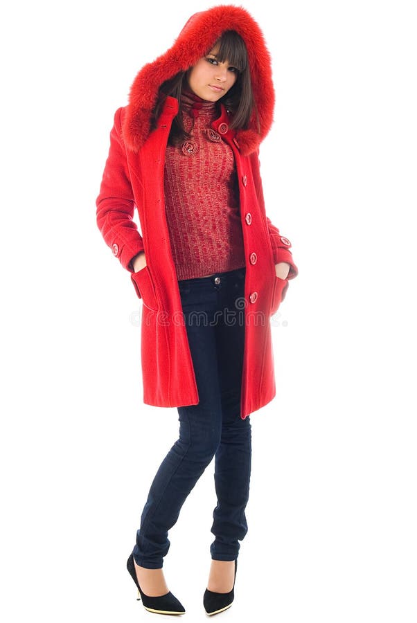 The Beautiful Young Girl in a Red Coat Stock Photo - Image of isolated ...
