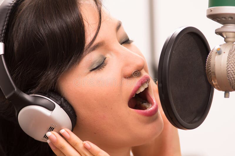 Beautiful Young Girl Singing in Music Studio Stock Photo - Image of ...