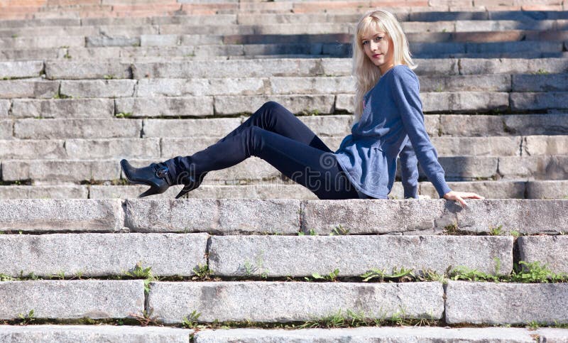 Beautiful Young Girl Sitting on Stone Steps Stock Image - Image of hair ...
