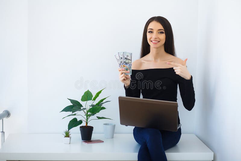 Beautiful Young Girl Working on Computer at Home Stock Image - Image of ...