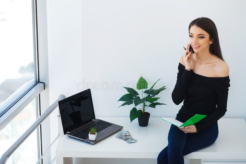 Beautiful Young Girl Working on Computer at Home Stock Photo - Image of ...