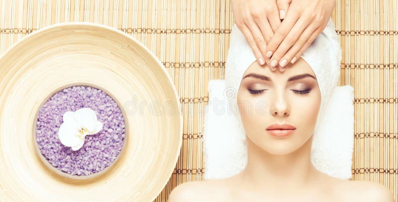 Beautiful Young And Healthy Woman On Bamboo Mat In Spa Salon Ha Stock