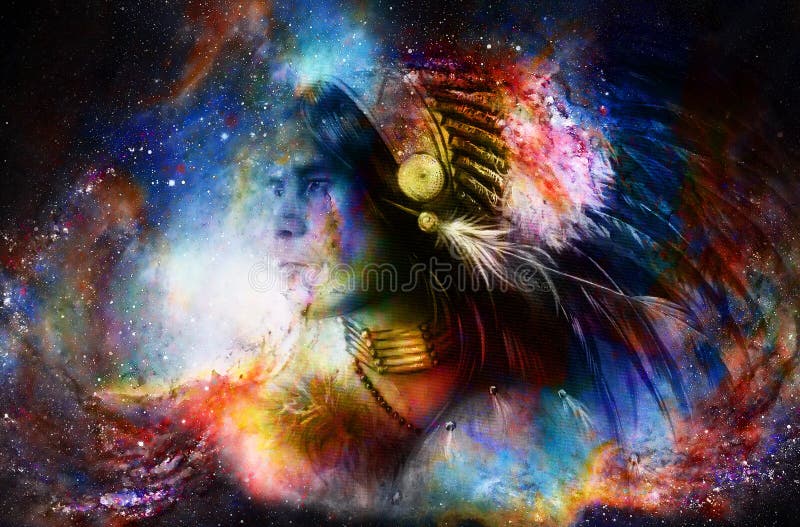 Beautiful Young Indian Warrior in Cosmic Space. Painting Collage. Stock ...