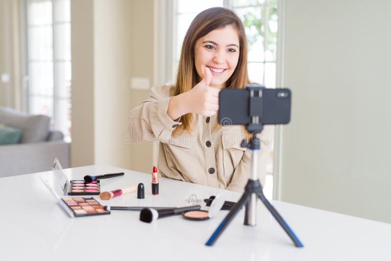 Beautiful Young Influencer Woman Recording Make Up Video Tutorial Doing ...