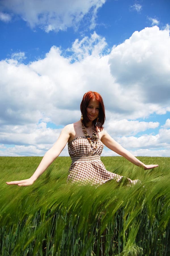Beautiful Young Irl at Green Field Stock Image - Image of field, cloud ...