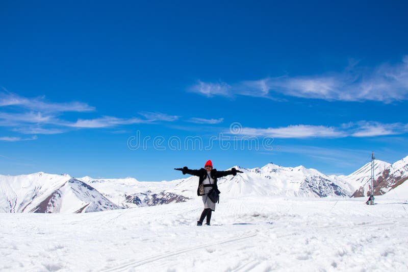 Beautiful Young Lady Having Fun Activity in Winter at Snow Mountain ...