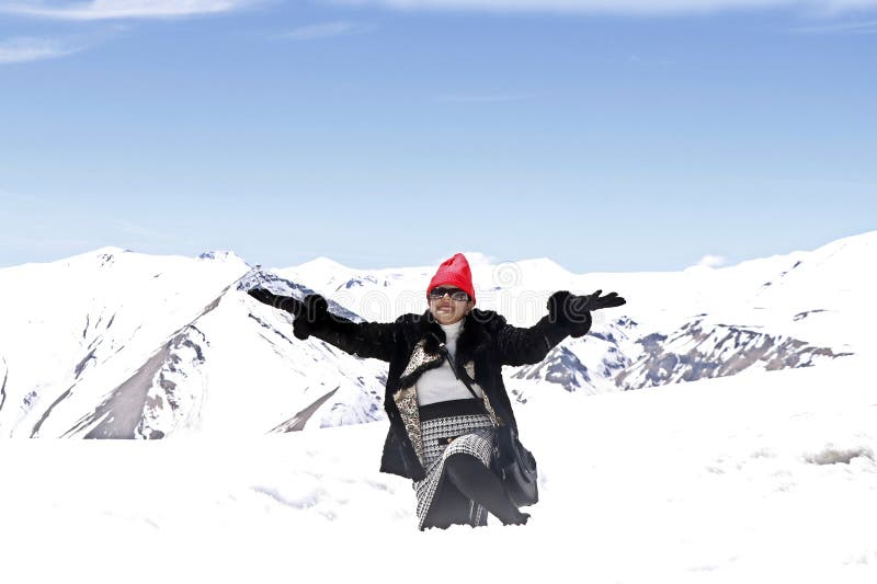 Beautiful Young Lady Having Fun Activity in Winter at Snow Mountain ...