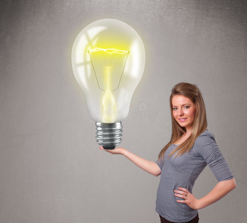 Beautiful Lady Holding Realistic 3d Light Bulb Stock Image - Image of ...