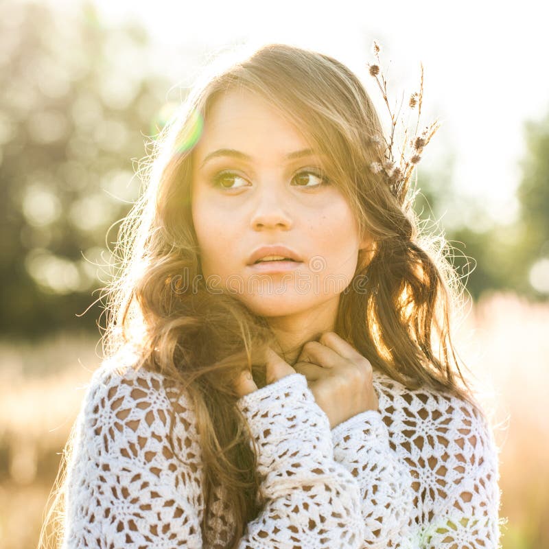 Beautiful Young Lady Model in Field at Sunrise - Outdoors Shot Stock ...