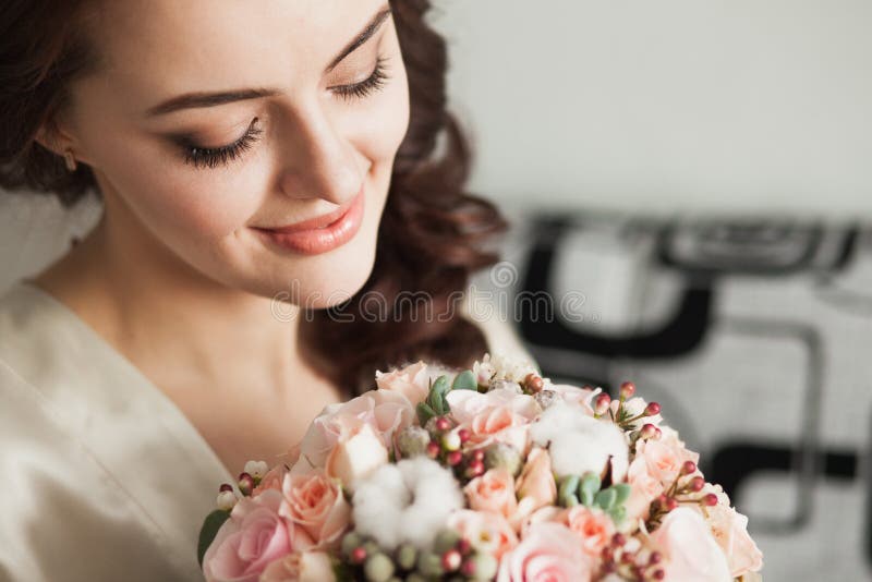 Beautiful Happy Woman Received a Flower Bouquet of Roses Stock Image ...