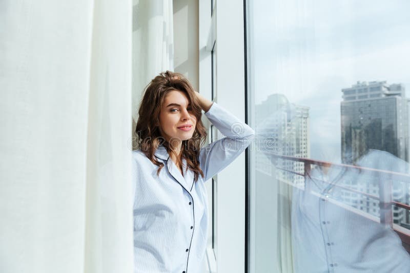 Beautiful Young Lady Standing at Home Near Window Stock Image - Image ...