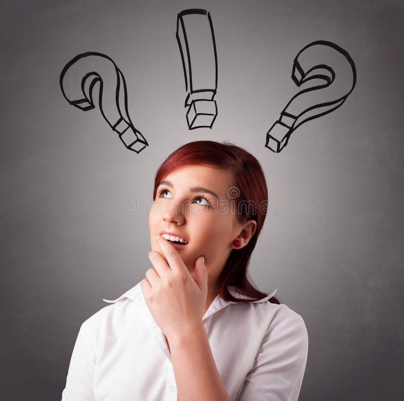 Young Lady Thinking with Question Marks Overhead Stock Photo - Image of ...