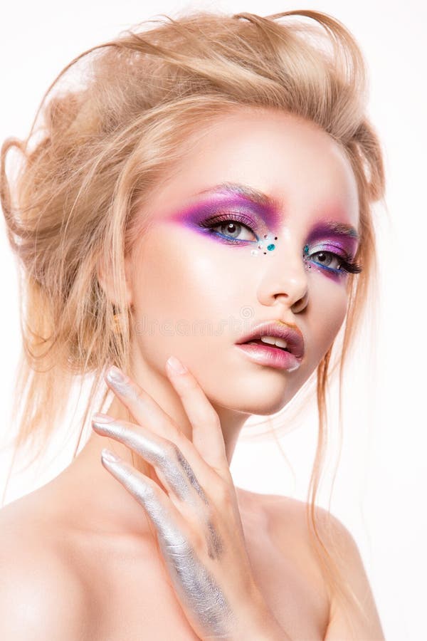 Beautiful Young Model with Bright Make-up Stock Photo - Image of brush ...