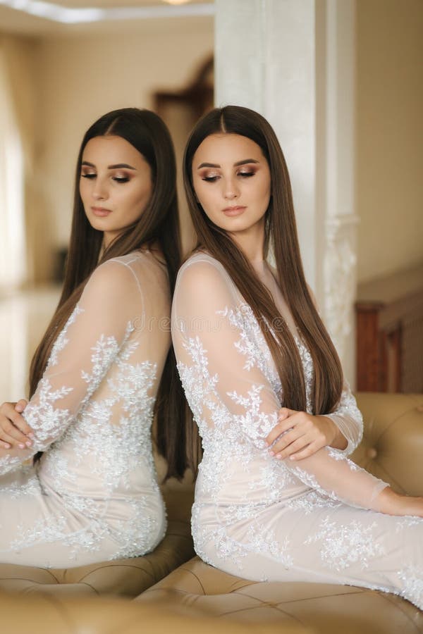 Beautiful Young Model in Evening Drees Posing To Photographer Inside ...