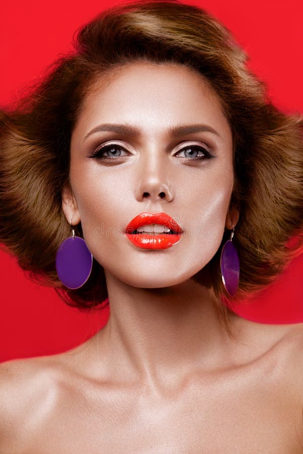 Beautiful Young Model with Red Lips Stock Photo - Image of beauty ...
