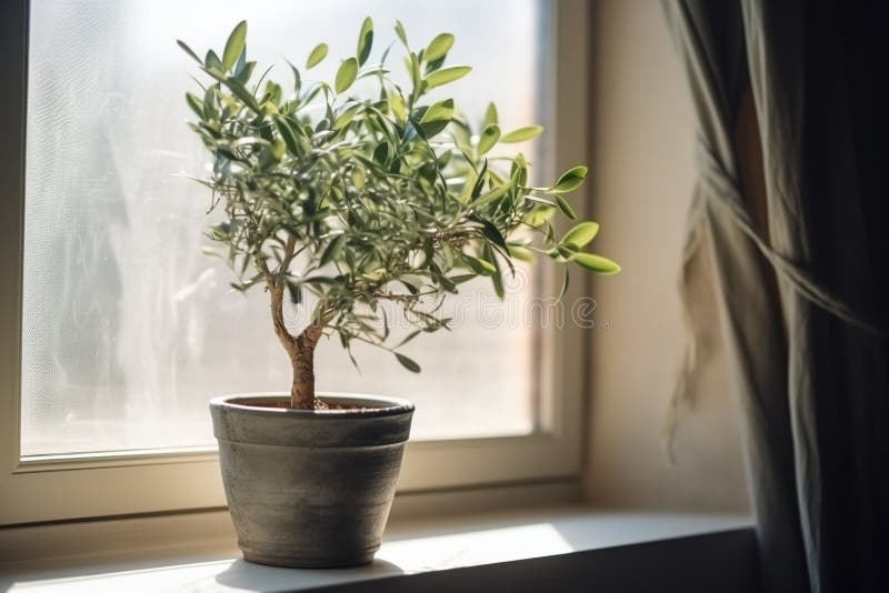 Young Potted Olive Tree on Window, Concept of Natural Environment ...