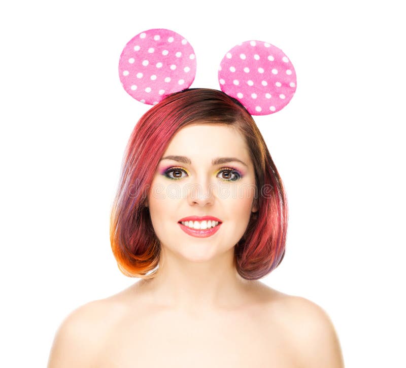 Beautiful Young Smiling Woman in Mickey Mouse Ears Stock Image - Image ...