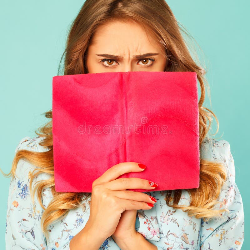 Beautiful Young Student Holding Book in Front of Her Face Over B Stock ...
