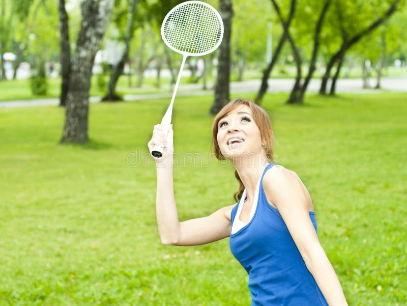 Beautiful Young Woman with Badminton Racket Stock Photo - Image of blue ...