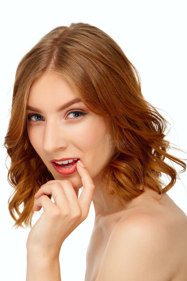 Beautiful Young Woman With Blue Eyes Touching Her Lips Beauty Portrait