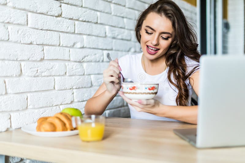 Beautiful Young Woman Breakfast in the Kitchen Stock Photo - Image of ...