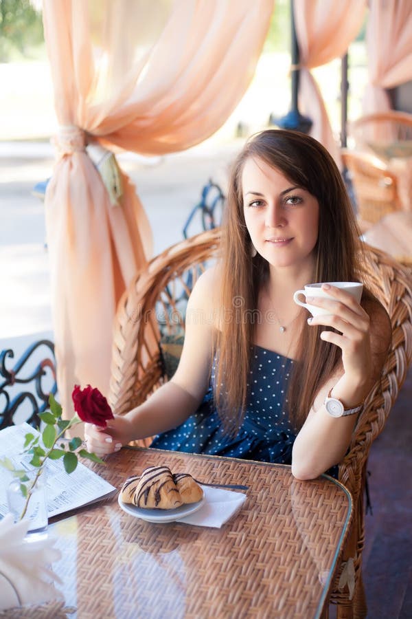 Beautiful Young Woman with Cup of at a Cafe Stock Image - Image of cafe ...