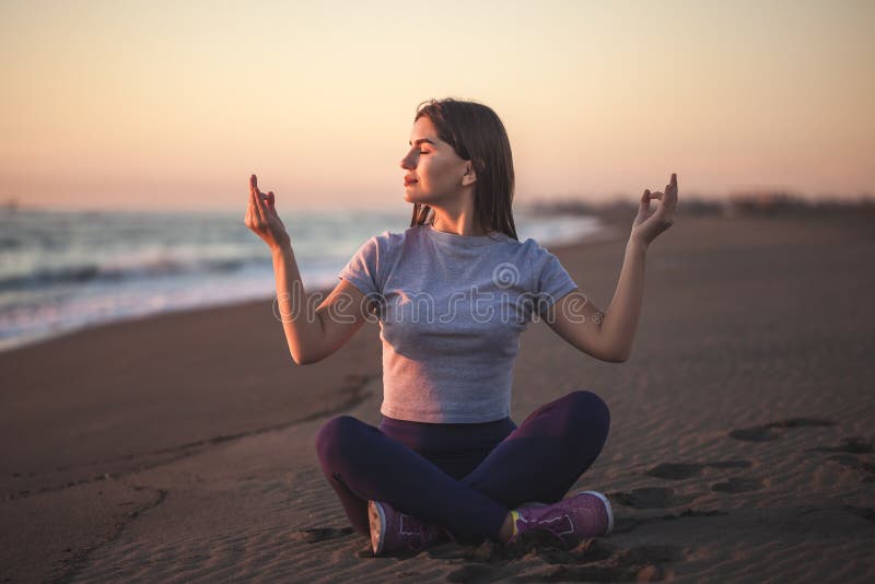 Beautiful Young Woman Doing Exercise on the Sandy Beach, Healthy Stock ...