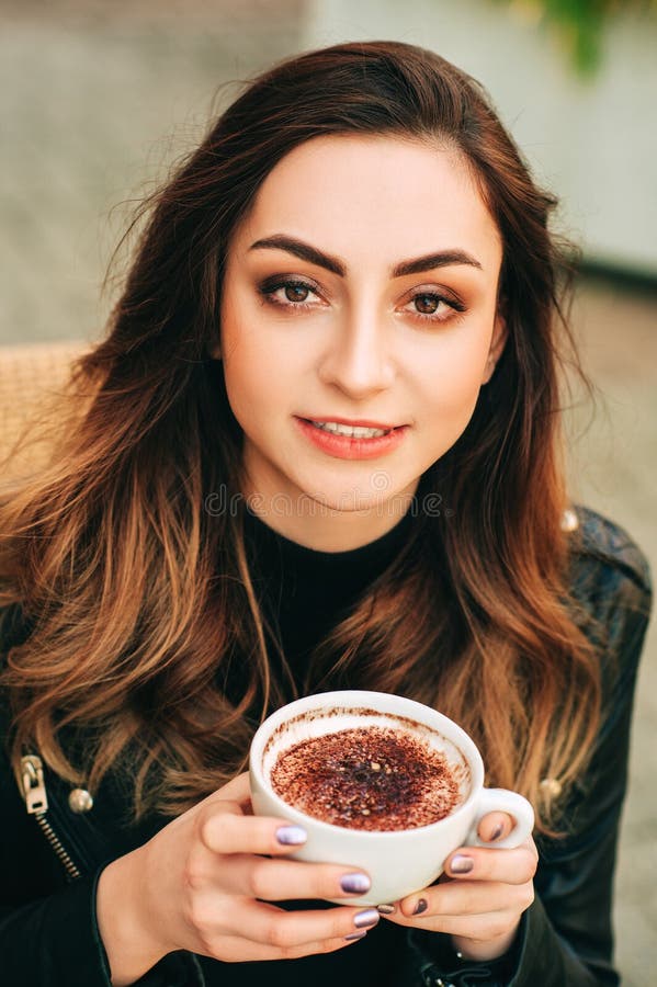 Beautiful Young Woman Drinking Coffee Stock Image - Image of leather ...