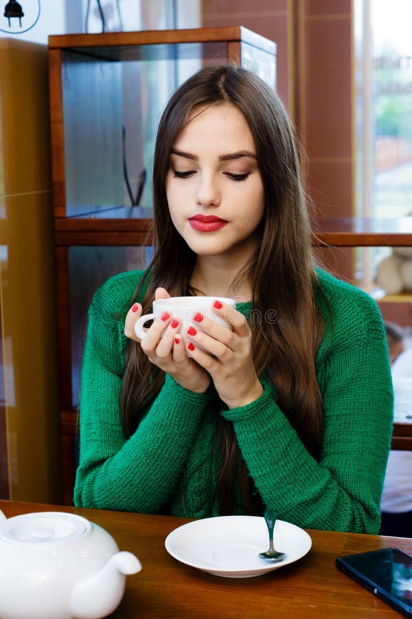 Beautiful Young Woman Drinking Tea in Cafe Stock Photo - Image of break ...