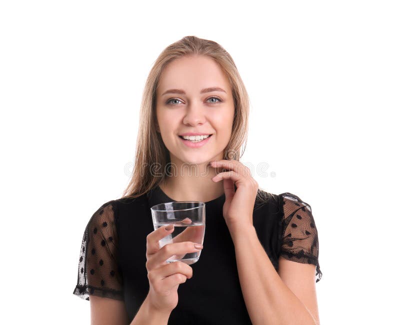 Beautiful Young Woman Drinking Water on White Background Stock Photo ...