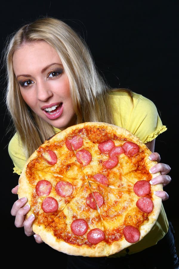 Beautiful Young Woman Eating Pizza Stock Photo - Image of eating, food ...